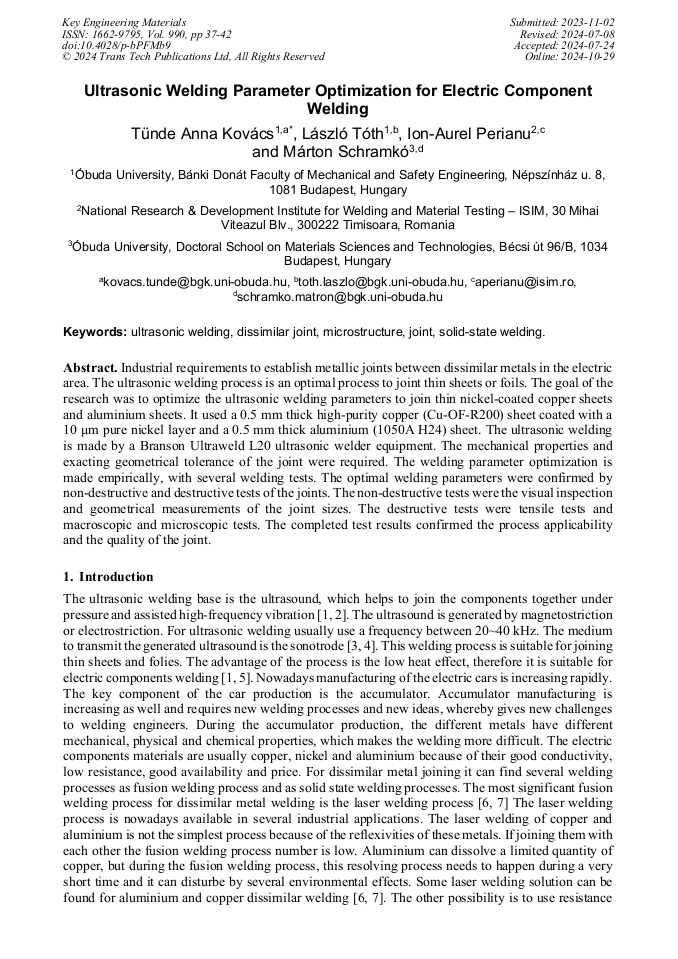 Ultrasonic Welding Parameter Optimization for Electric Component ...