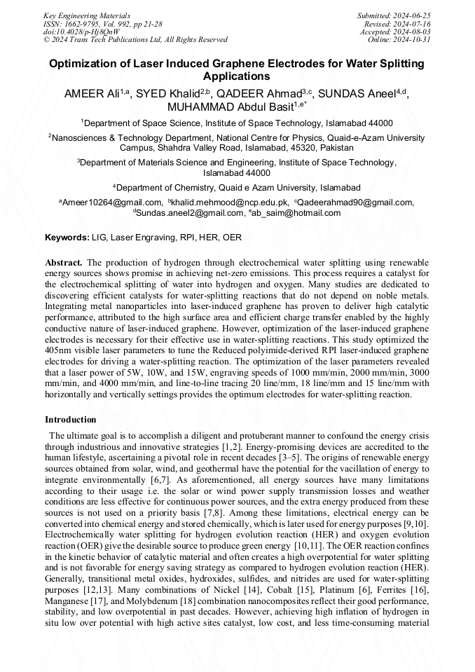 Optimization of Laser Induced Graphene Electrodes for Water Splitting ...