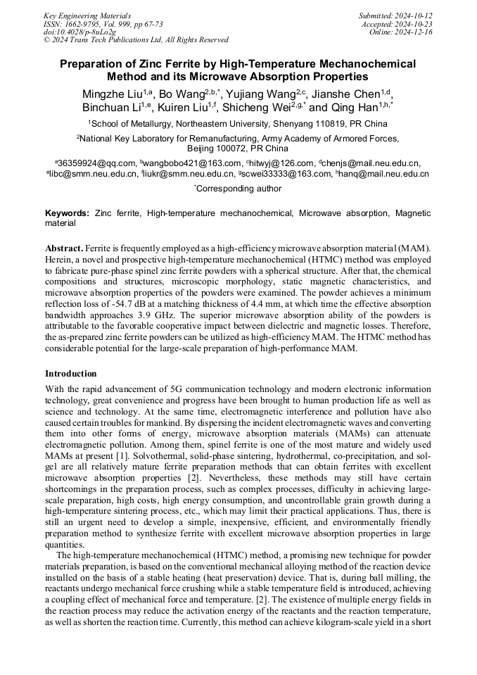 Preparation of Zinc Ferrite by High-Temperature Mechanochemical Method ...