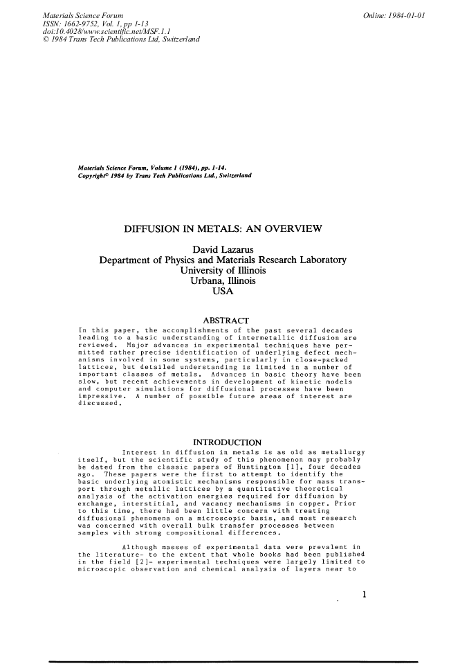 Diffusion in Metals: An Overview | Scientific.Net