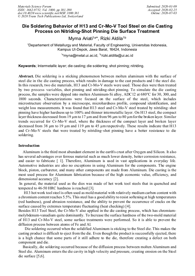 Die Soldering Behavior of H13 and Cr-Mo-V Tool Steel on Die Casting ...