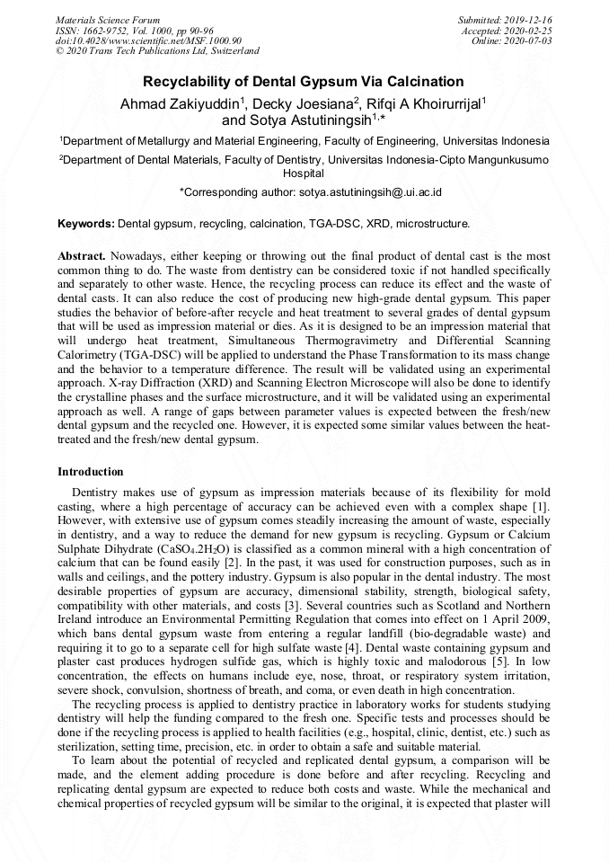 Recyclability of Dental Gypsum via Calcination | Scientific.Net