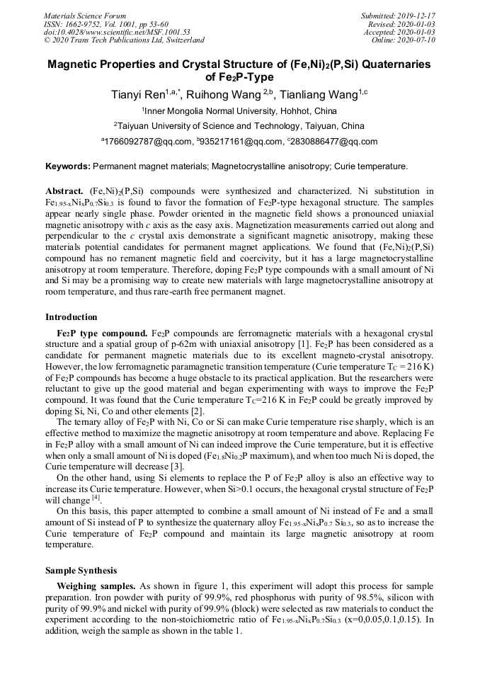 Magnetic Properties and Crystal Structure of (Fe,Ni)2( P,Si ...