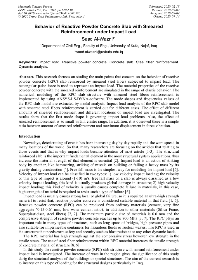 Behavior of Reactive Powder Concrete Slab with Smeared Reinforcement ...
