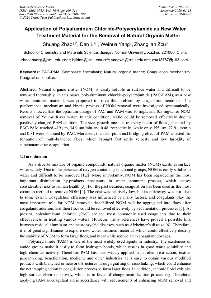 Application of Polyaluminum Chloride-Polyacrylamide as New Water ...