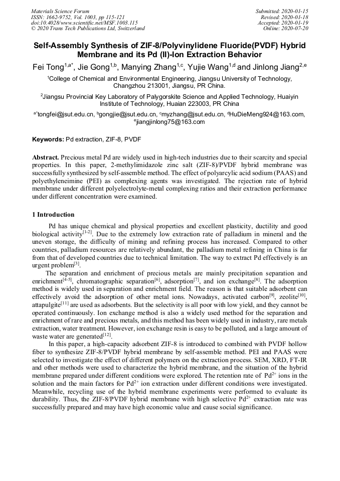 Self-Assembly Synthesis of ZIF-8/Polyvinylidene Fluoride(PVDF) Hybrid ...