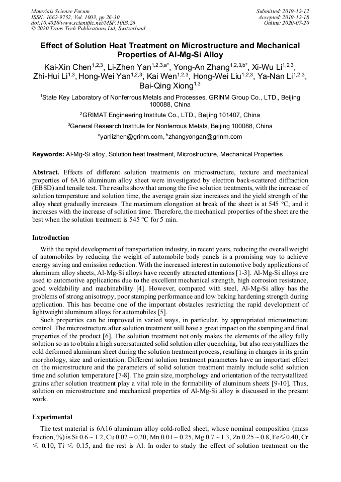 Effect of Solution Heat Treatment on Microstructure and Mechanical Properties of Al-Mg-Si Alloy ...
