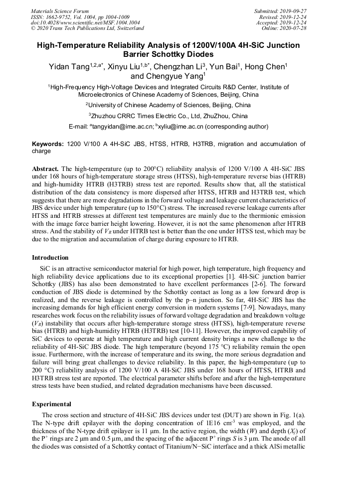 High-Temperature Reliability Analysis of 1200V/100A 4H-SiC Junction ...