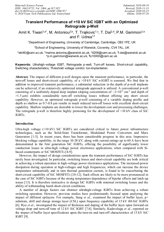 Transient Performance of >10kV SiC IGBT with an Optimized Retrograde p ...