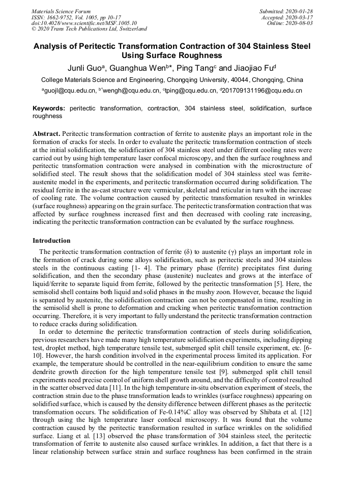 Analysis of Peritectic Transformation Contraction of 304 Stainless ...