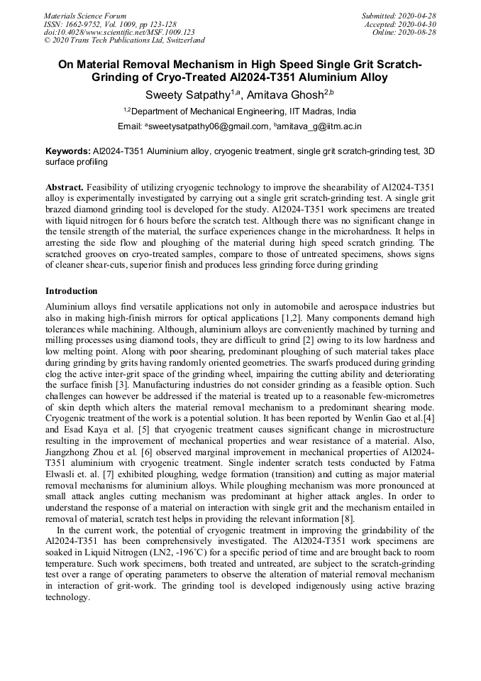 On Material Removal Mechanism in High Speed Single Grit Scratch ...
