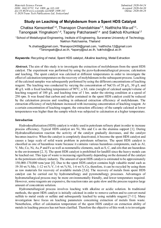 Study on Leaching of Molybdenum from a Spent HDS Catalyst | Scientific.Net