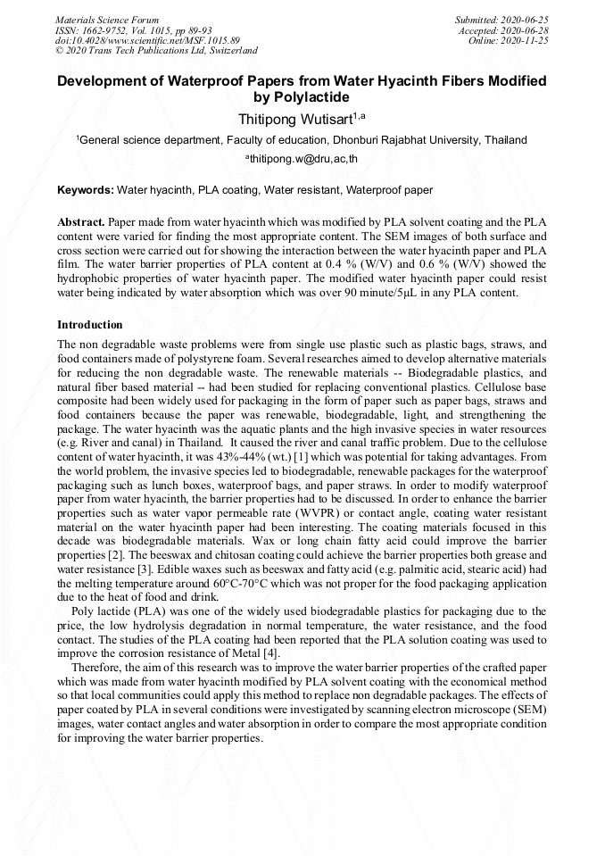 Development of Waterproof Papers from Water Hyacinth Fibers Modified by ...