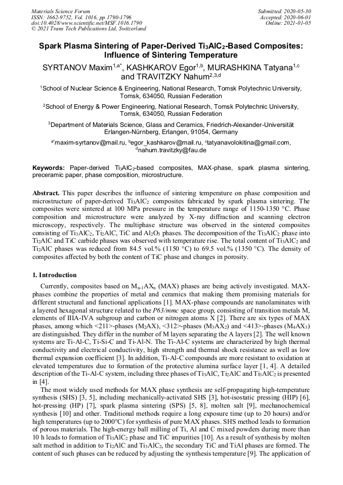 Spark Plasma Sintering of Paper-Derived Ti3AlC2-Based Composites ...