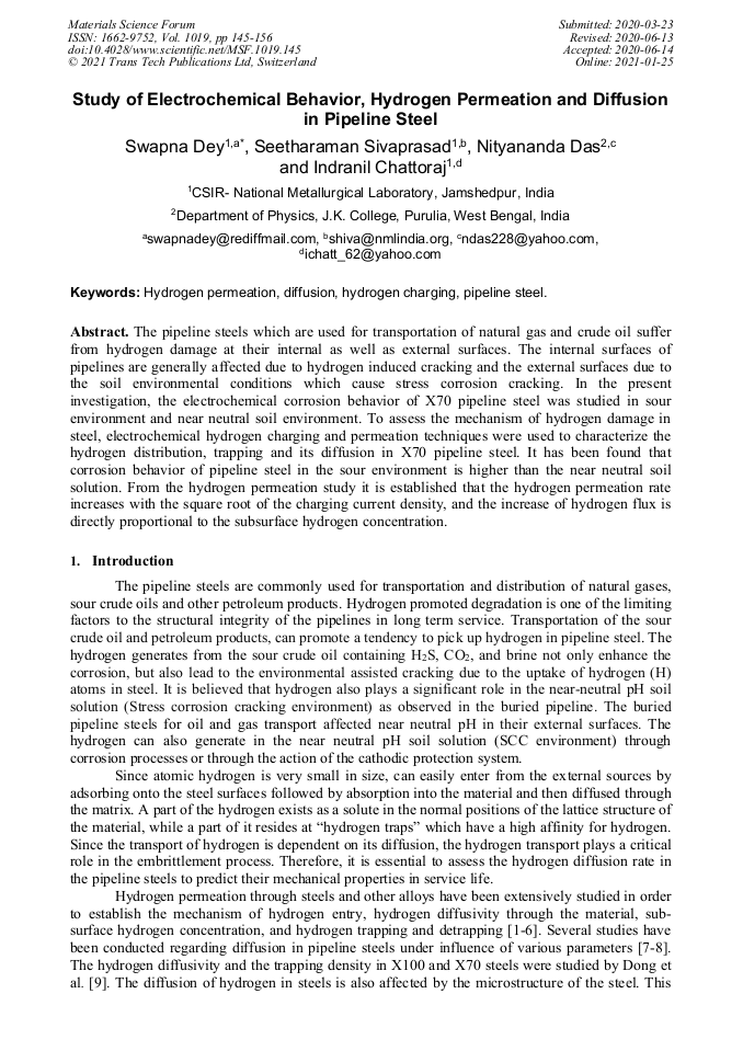 Study of Electrochemical Behavior, Hydrogen Permeation and Diffusion in ...