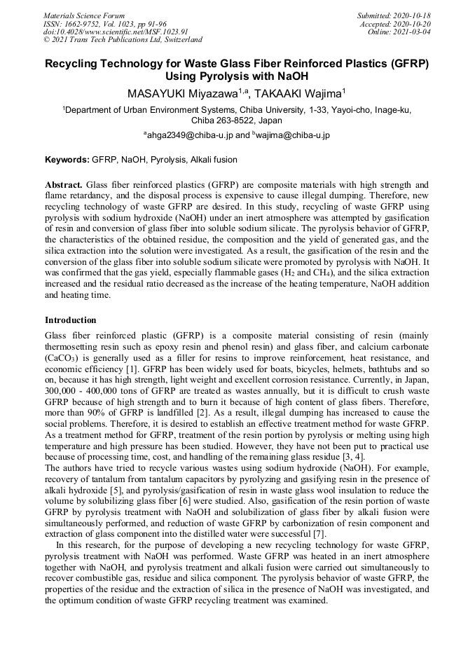 Recycling Technology for Waste Glass Fiber Reinforced Plastics (GFRP ...