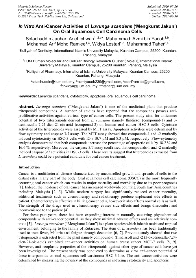 In Vitro Anti-Cancer Activities of Luvunga scandens (‘Mengkurat Jakun ...