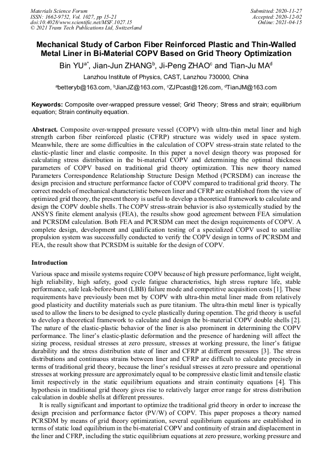 Mechanical Study of Carbon Fiber Reinforced Plastic and Thin-walled ...