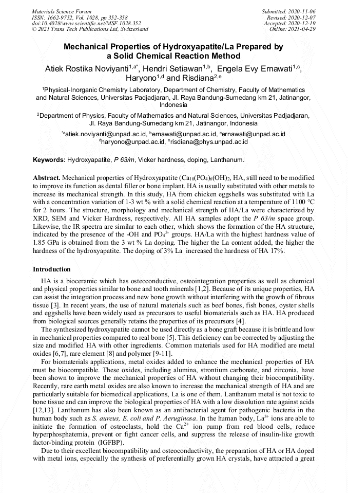 Mechanical Properties of Hydroxyapatite/La Prepared by a Solid Chemical ...
