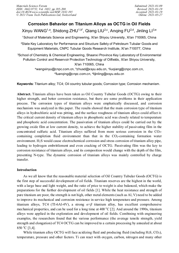 Corrosion Behavior on Titanium Alloys as OCTG in Oil Fields ...