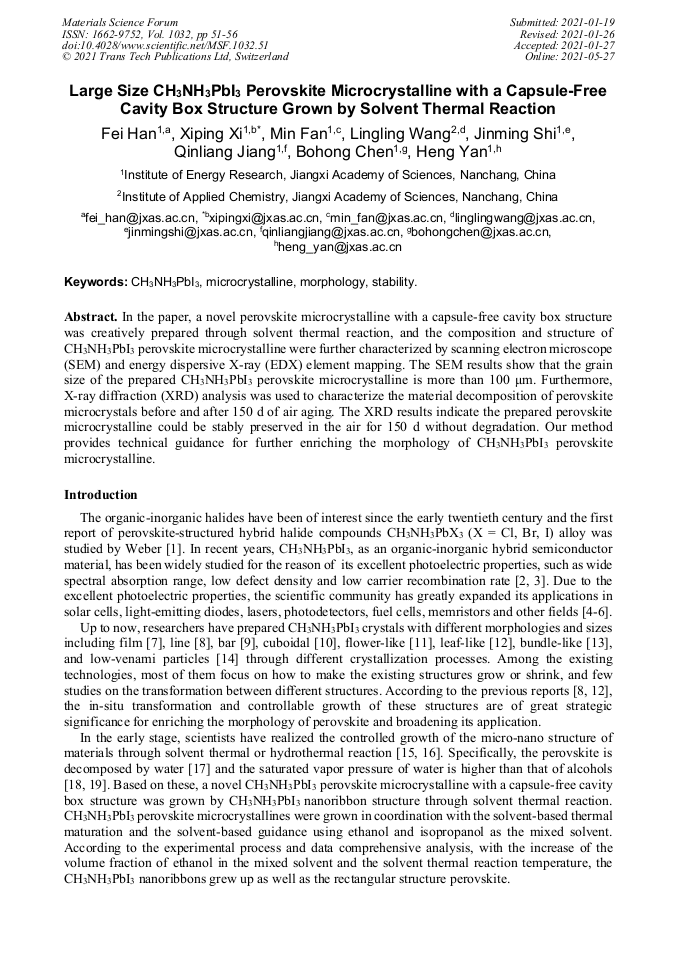 Large Size CH3NH3PbI3 Perovskite Microcrystalline with a Capsule-Free ...