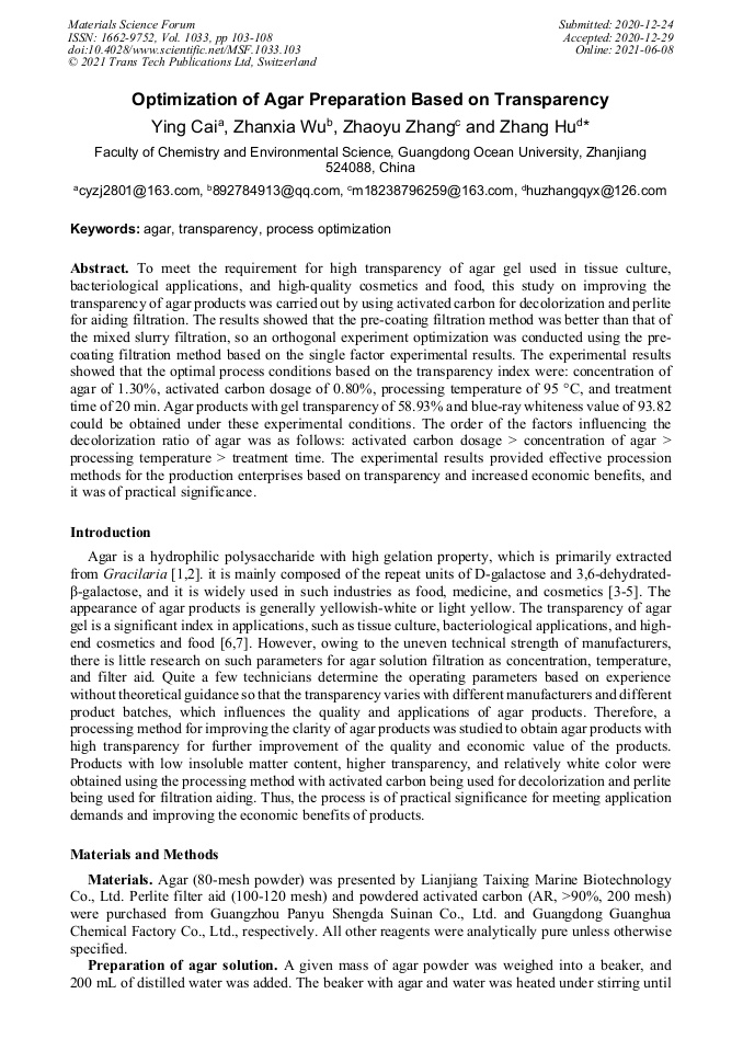 Optimization of Agar Preparation Based on Transparency | Scientific.Net