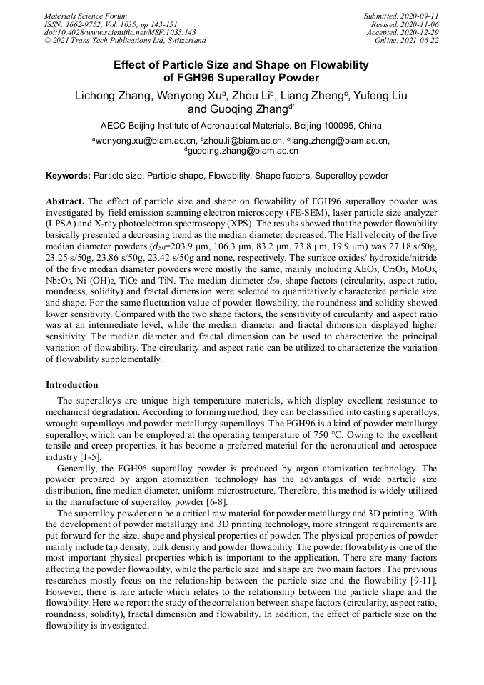 Effect of Particle Size and Shape on Flowability of FGH96 Superalloy ...