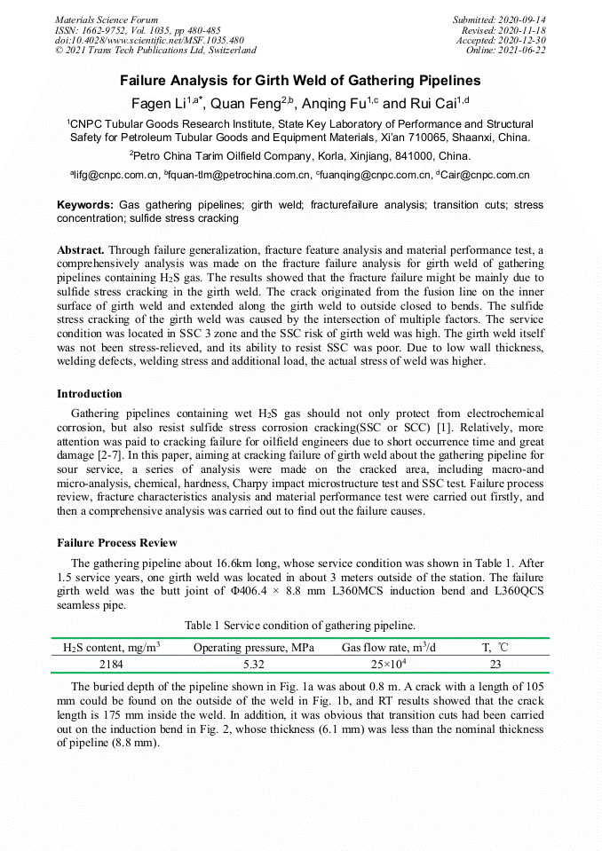 Failure Analysis for Girth Weld of Gathering Pipelines | Scientific.Net