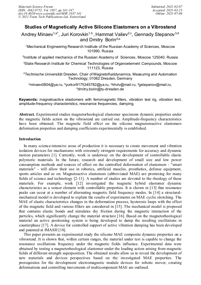 Studies of Magnetically Active Silicone Elastomers on a Vibrostend ...