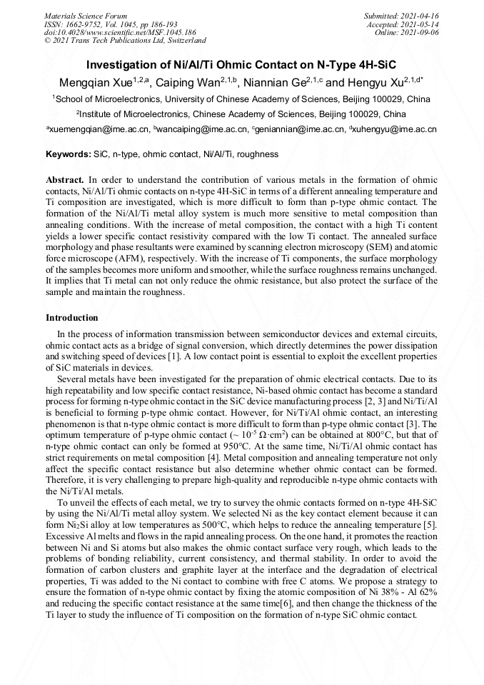 Investigation of Ni/Al/Ti Ohmic Contact on N-Type 4H-SiC | Scientific.Net