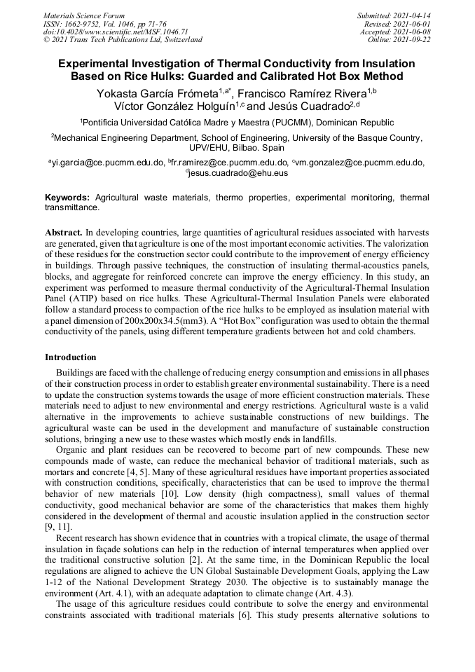 Experimental Investigation of Thermal Conductivity from Insulation ...