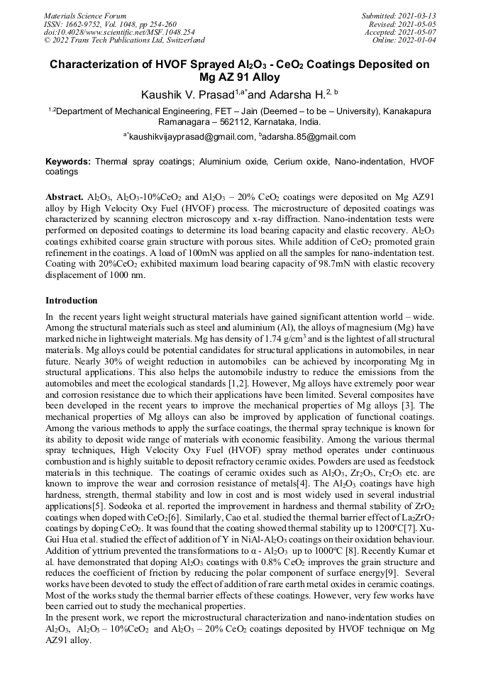 Characterization of HVOF Sprayed Al2O3 - CeO2 Coatings Deposited on Mg ...