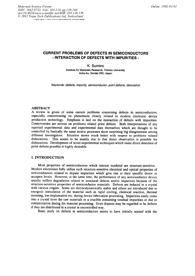 Current Problems of Defects in Semiconductors – Interaction of Defects ...