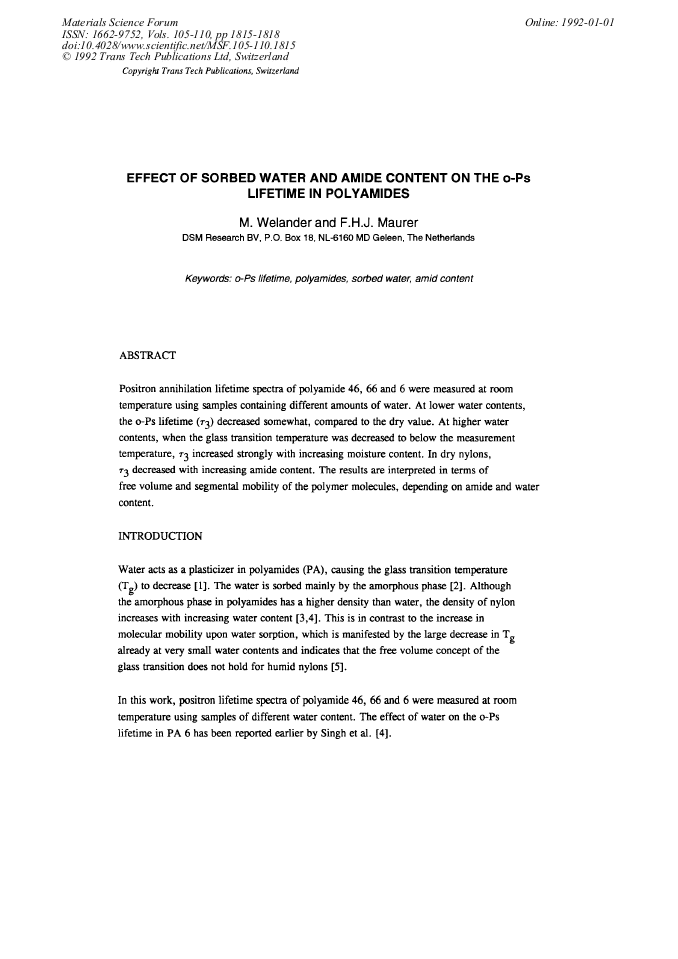 Effect of Sorbed Water and Amide Content on the o-Ps Lifetime in ...