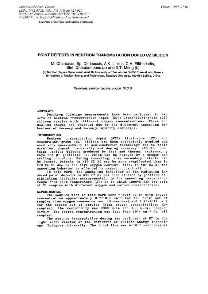 Point Defects in Neutron Transmutation Doped CZ Silicon | Scientific.Net