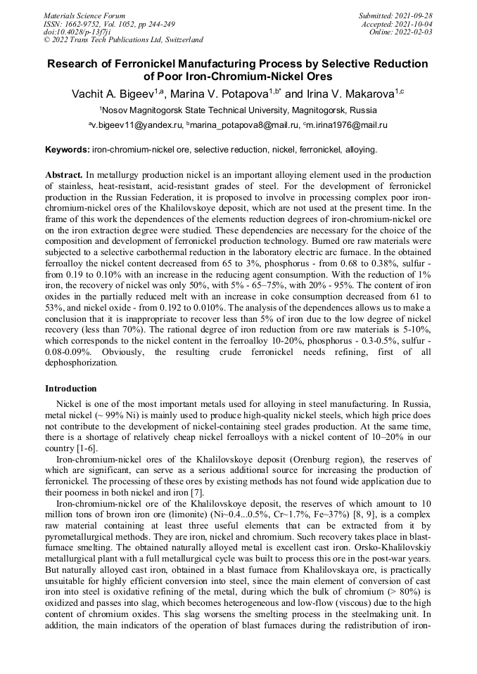 Research of Ferronickel Manufacturing Process by Selective Reduction of ...