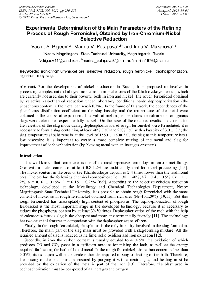 Experimental Determination of the Main Parameters of the Refining ...