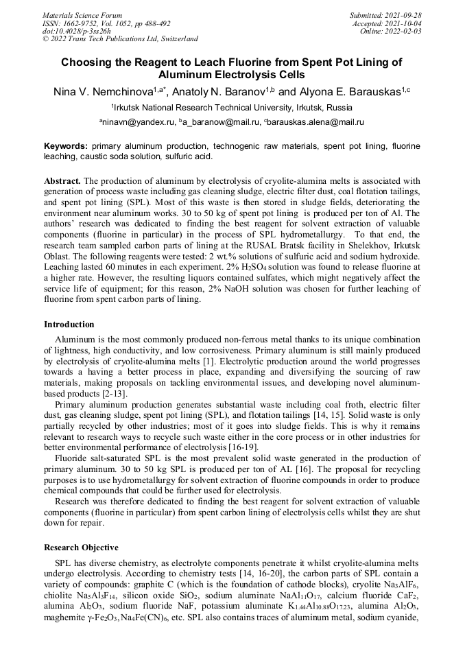 Choosing the Reagent to Leach Fluorine from Spent Pot Lining of ...