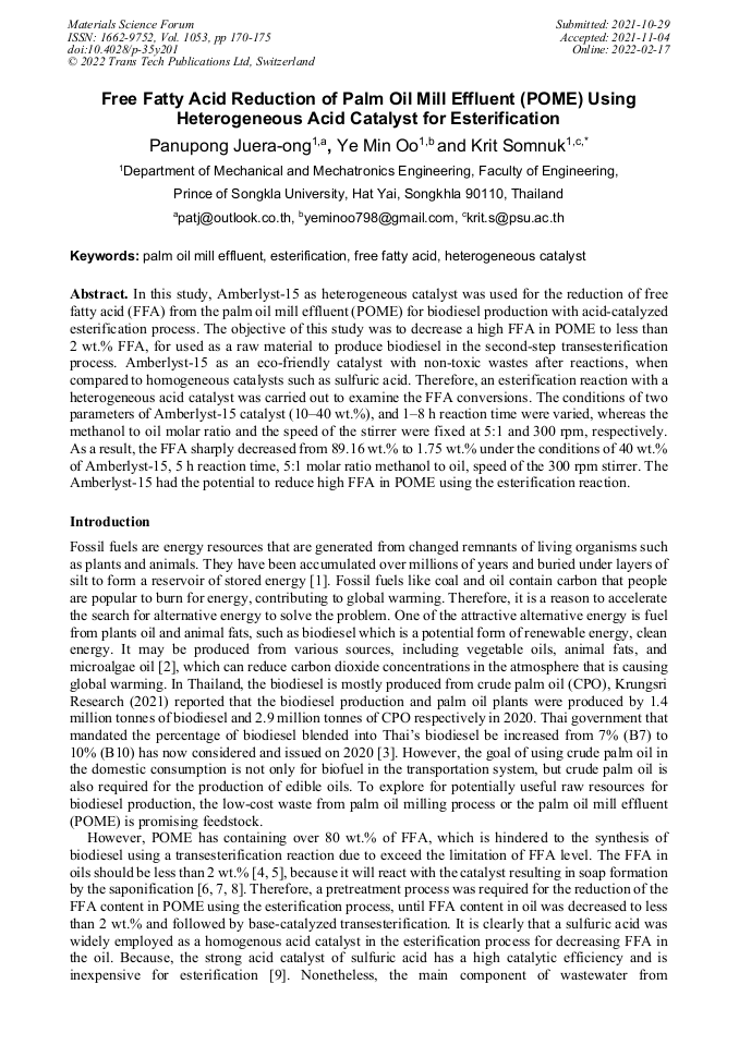 Free Fatty Acid Reduction of Palm Oil Mill Effluent (POME) Using ...