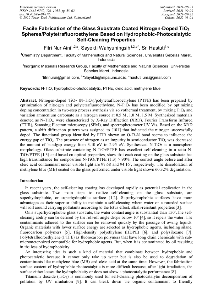 Facile Fabrication of the Glass Substrate Coated Nitrogen-doped TiO2 ...