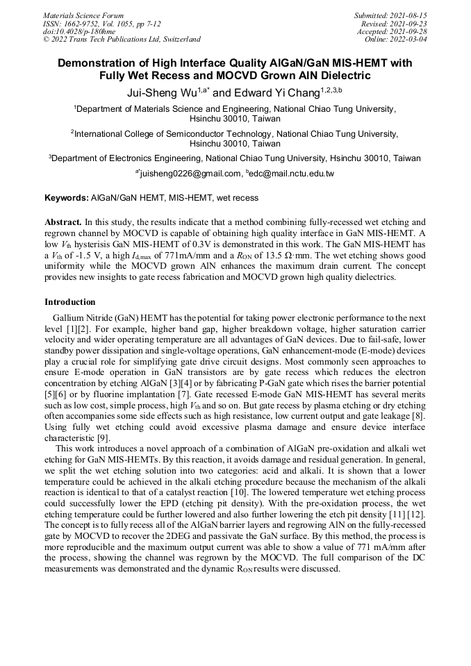 Demonstration of High Interface Quality AlGaN/GaN MIS-HEMT with Fully ...