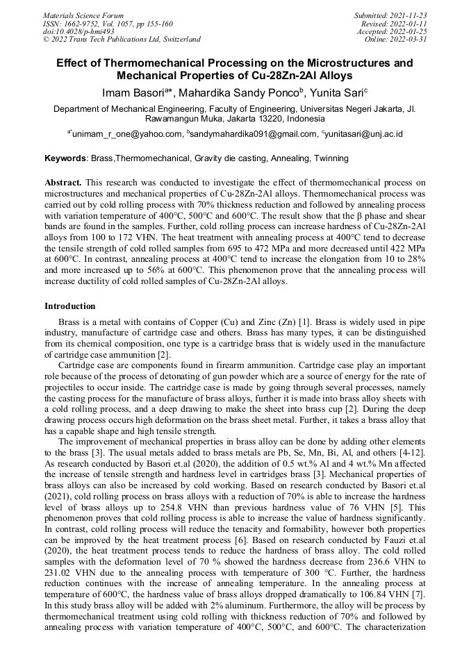 Effect of Thermomechanical Processing on the Microstructures and Mechanical Properties of Cu ...