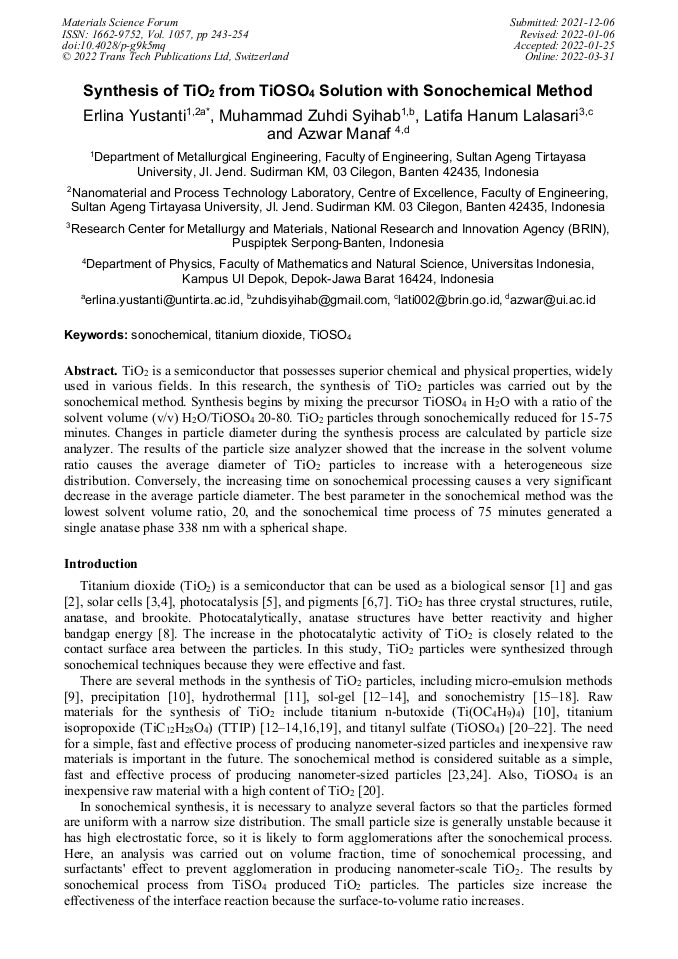Synthesis of TiO2 from TiOSO4 Solution with Sonochemical Method ...
