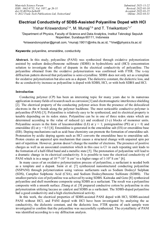 Electrical Conductivity of SDBS-Assisted Polyaniline Doped with HCl ...