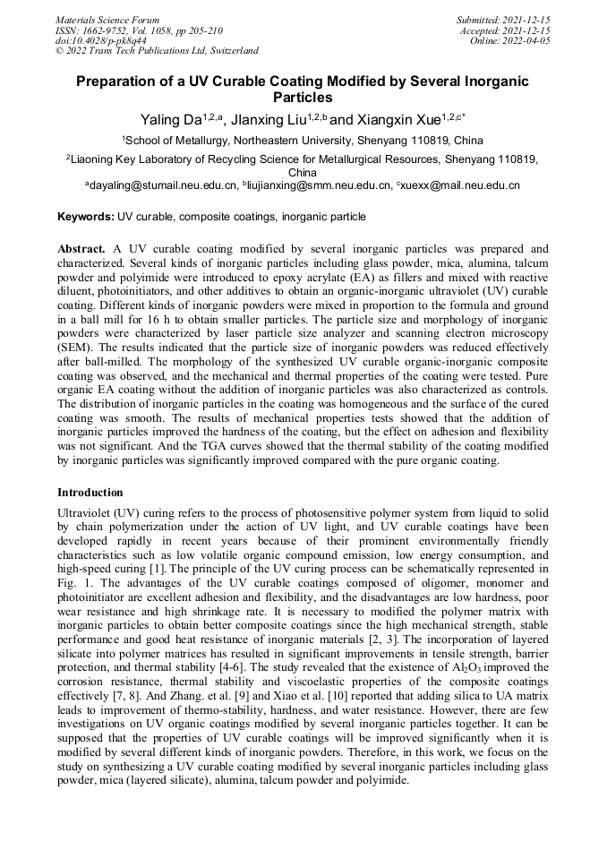 Preparation of a UV Curable Coating Modified by Several Inorganic ...