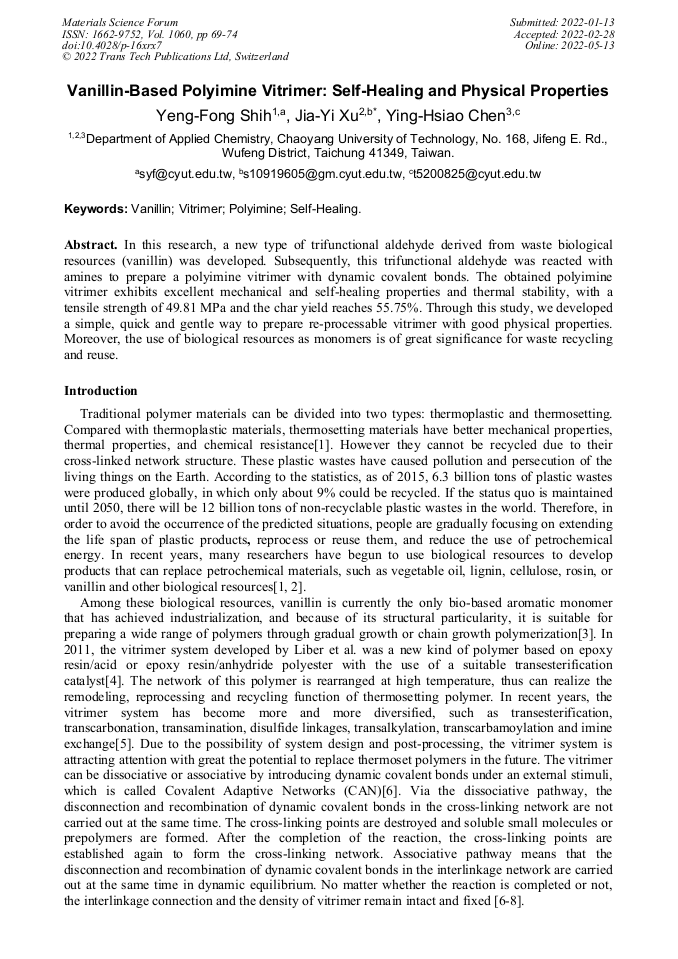 Vanillin-Based Polyimine Vitrimer: Self-Healing and Physical Properties ...