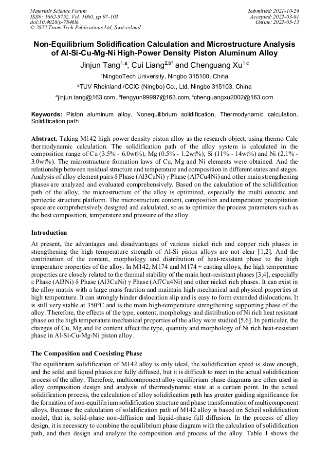 Non-Equilibrium Solidification Calculation and Microstructure Analysis ...