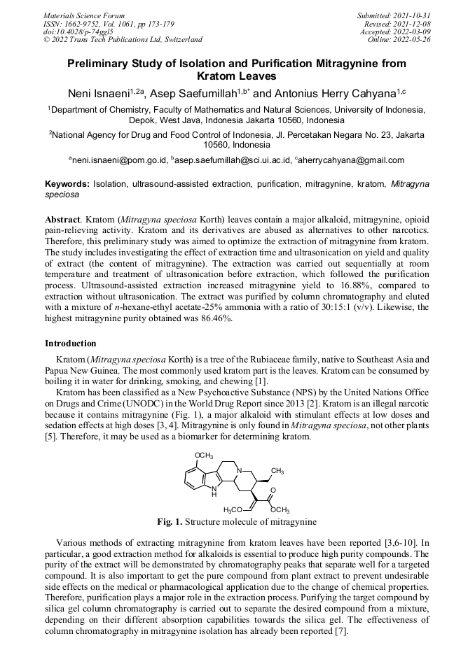 Preliminary Study of Isolation and Purification Mitragynine from Kratom ...