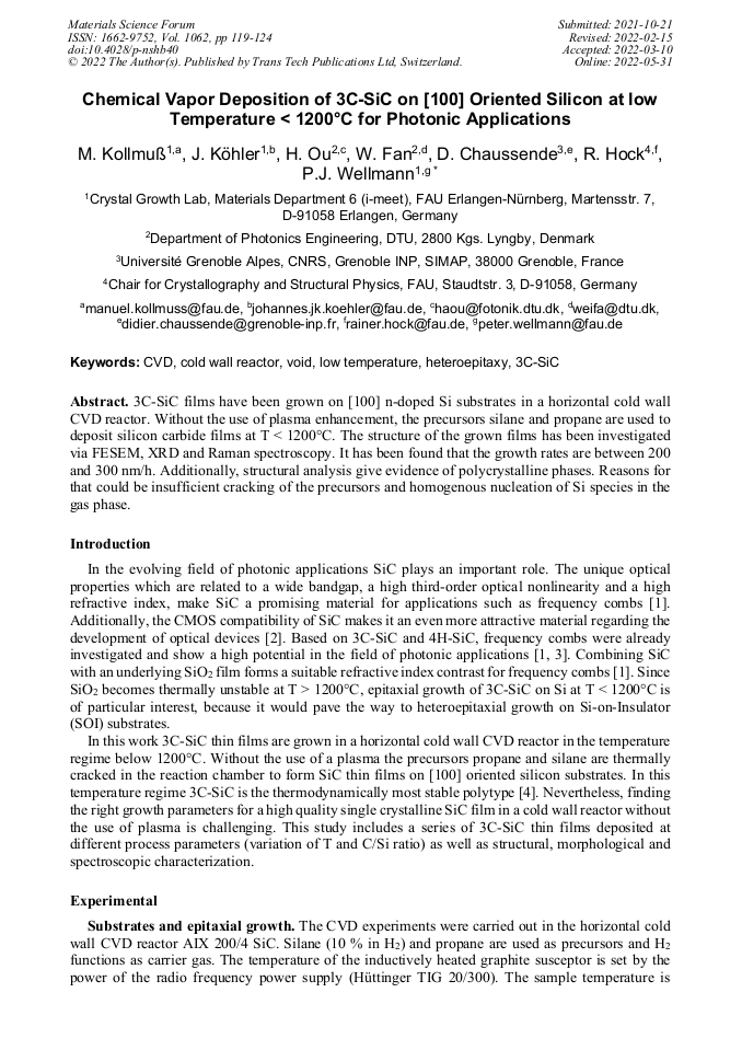 Chemical Vapor Deposition of 3C-SiC on [100] Oriented Silicon at Low ...