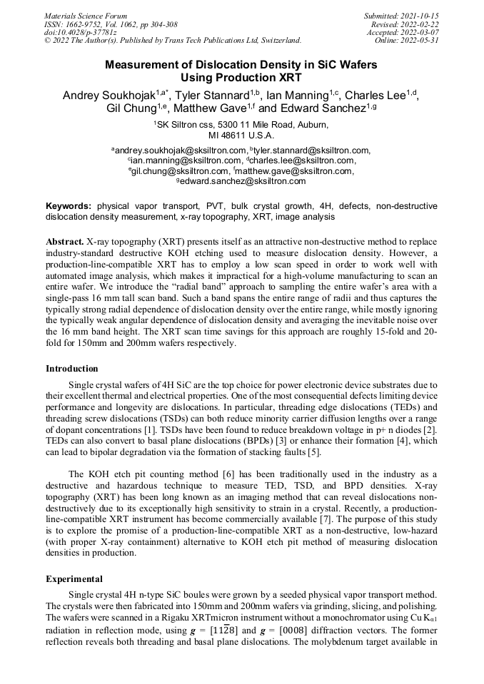 Measurement of Dislocation Density in SiC Wafers Using Production XRT ...
